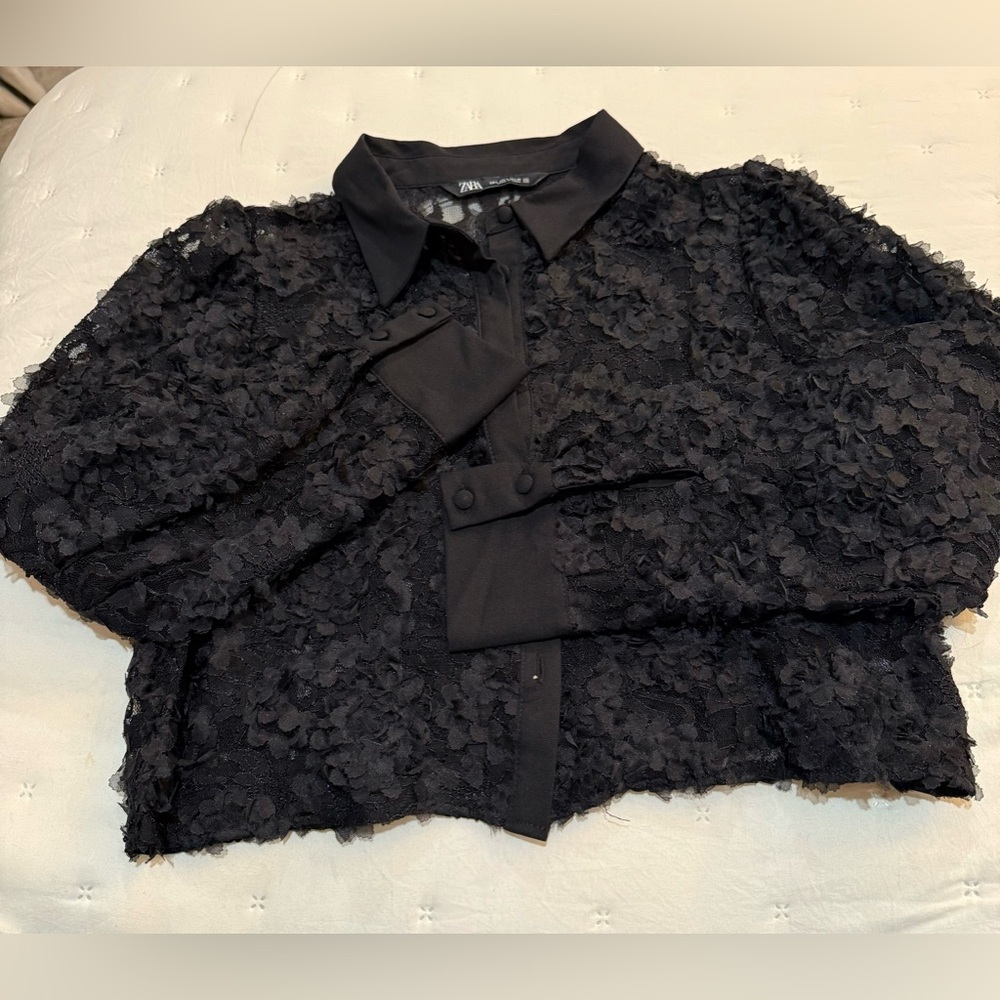 Zara Black Lace Too With Floral Embellishments Size L… - Gem